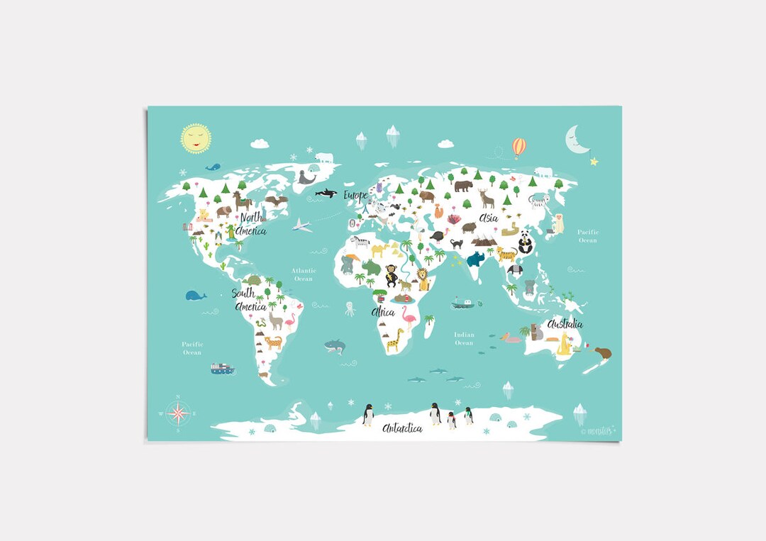 Printable Animal World Map Poster, 14x11 In, 20x16 In, 30x20 In, 36x24 ...