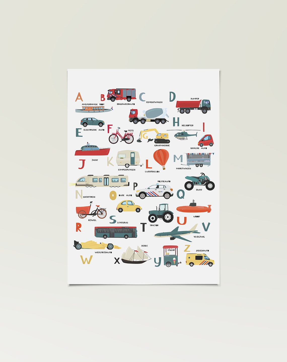 Dutch Alphabet Poster Cars - 30x40cm, A4 Nursery Poster, Transportation ...