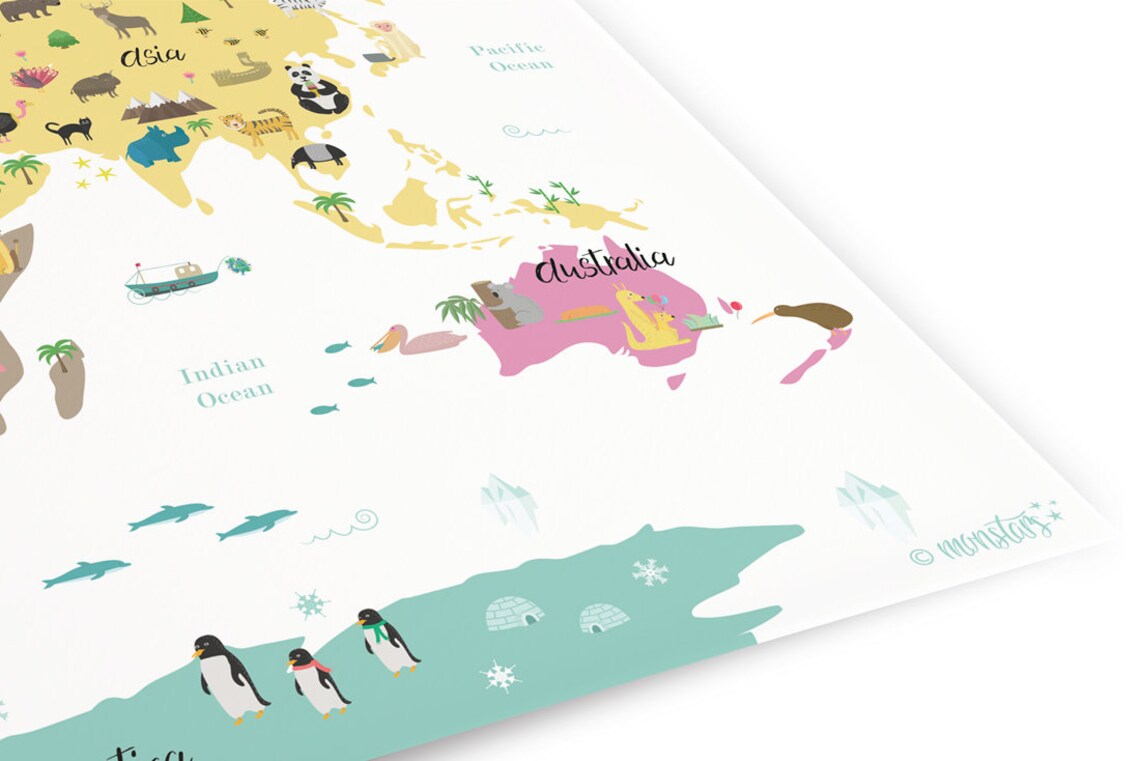 Animal World Map Poster, Kids Print Art, Children's Map, Nursery Wall ...