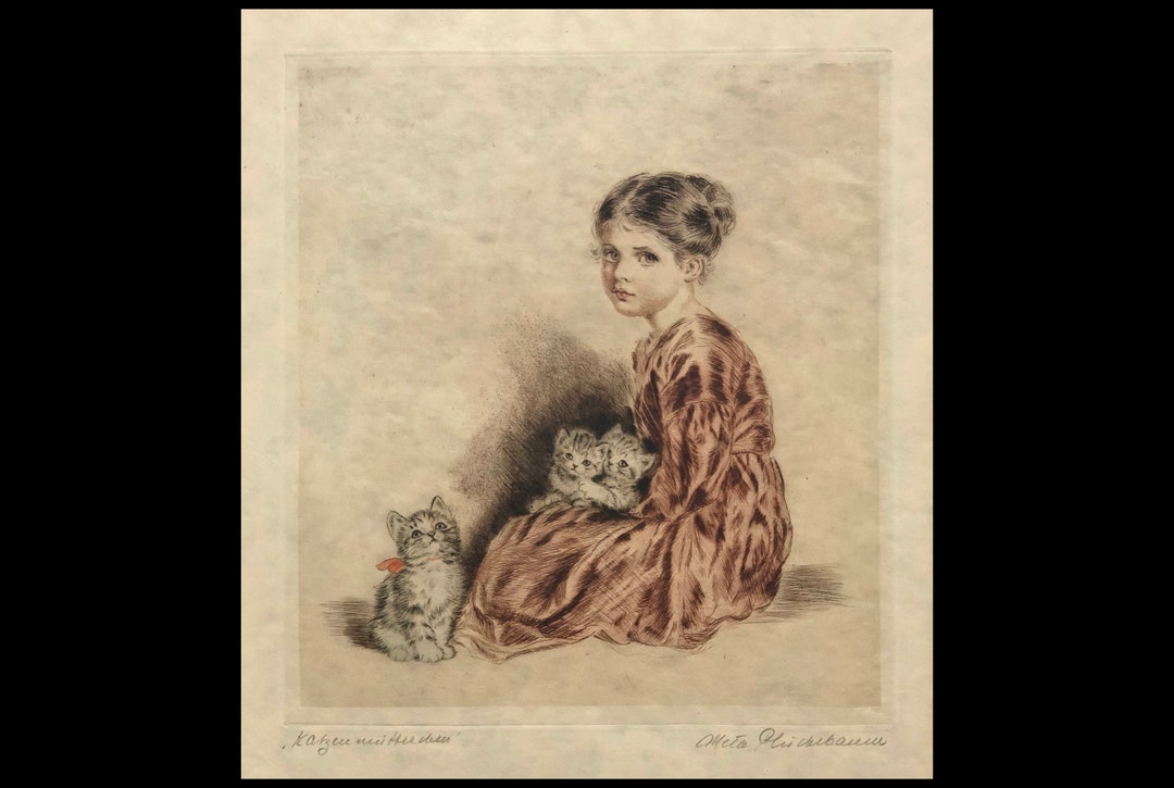 META PLUCKEBAUM (german, 1876-1945), "(young Girl With Three Kittens ...