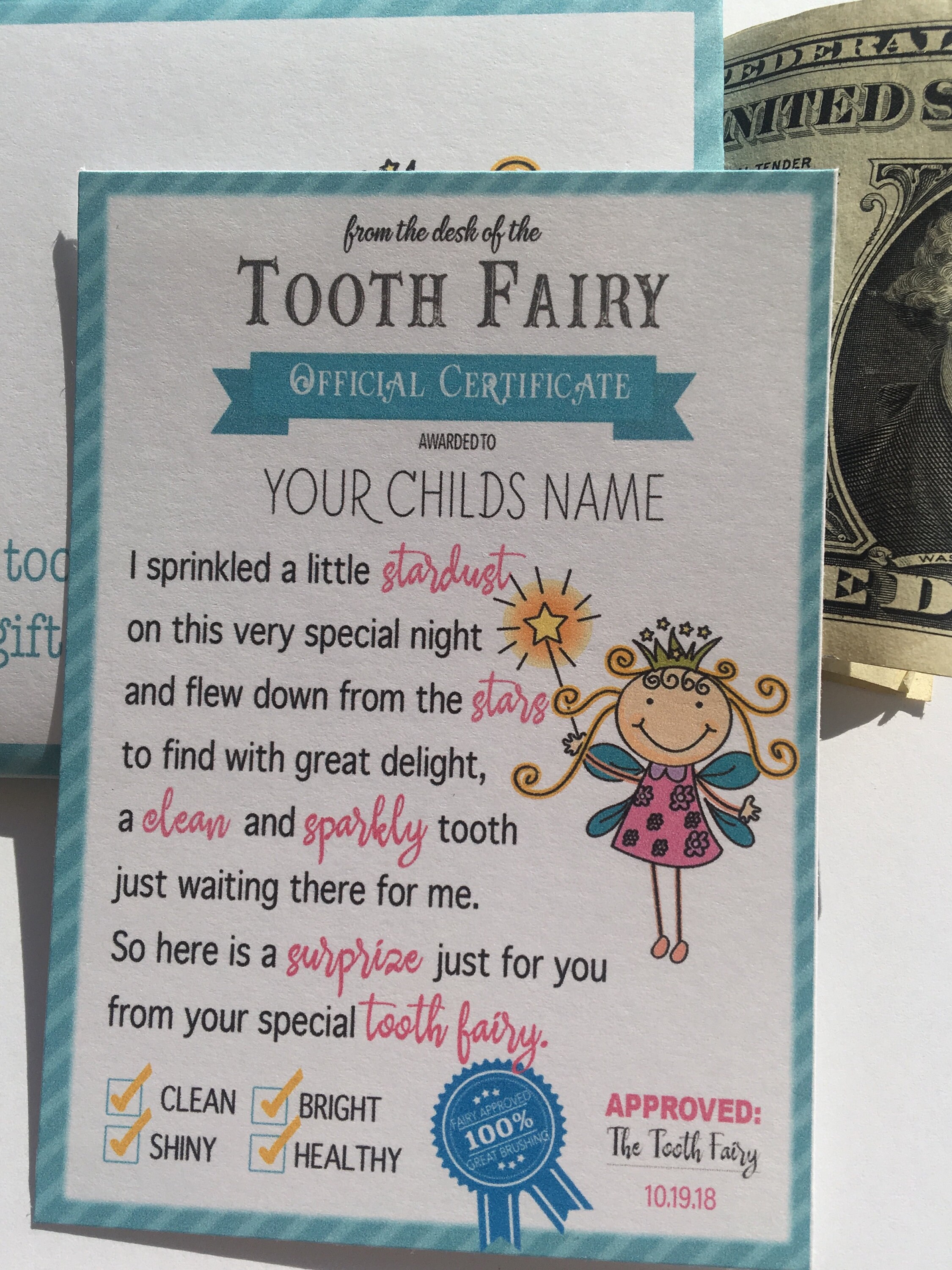 Tooth Fairy Note Tooth Fairy Printable Certificate and Envelope - Etsy
