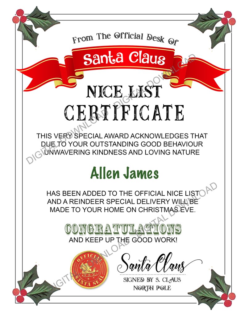 NICE CERTIFICATE | Naughty or Nice | Santa Certificate | Personalized ...