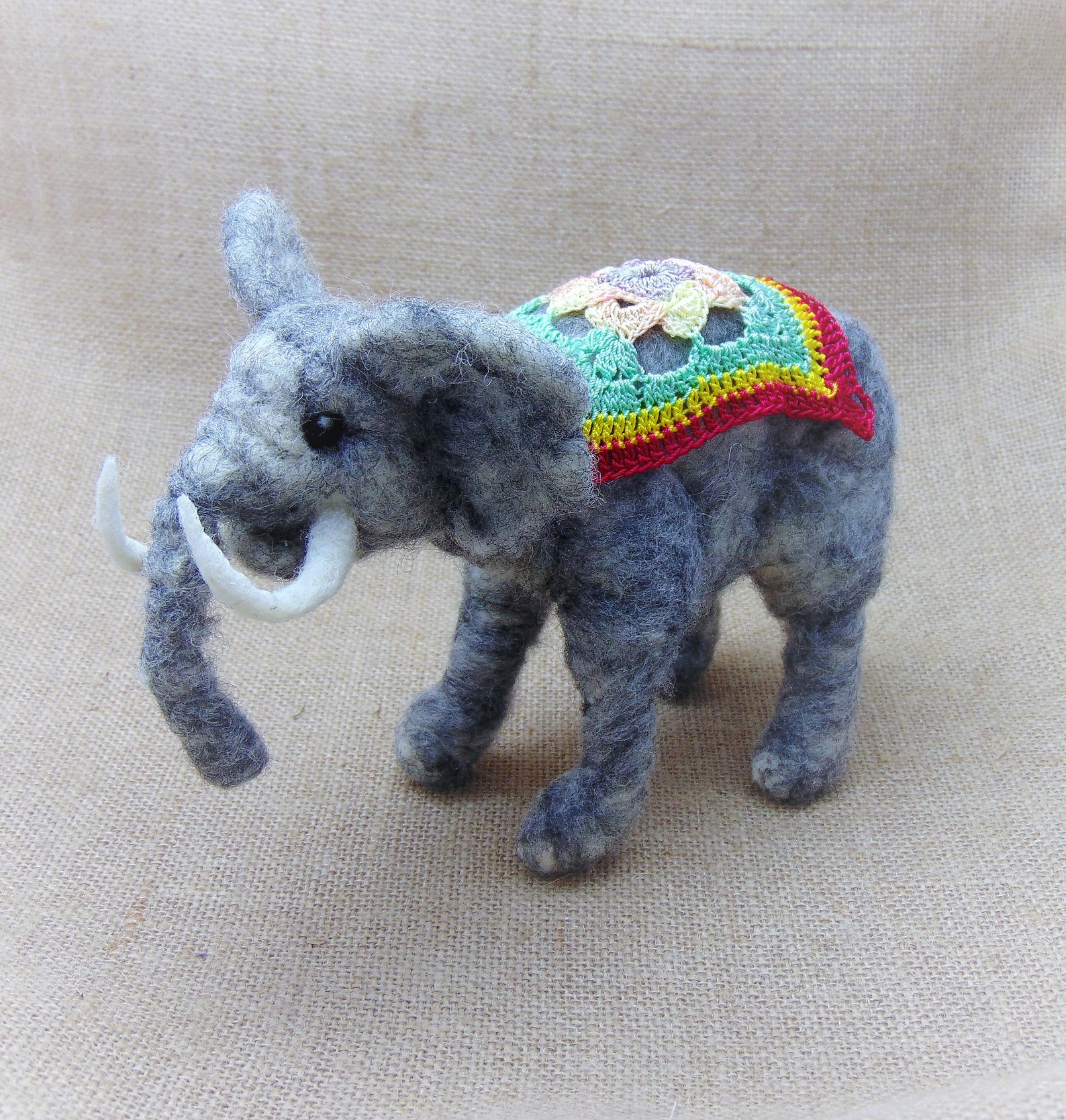 Needle Felted Elephant, Elephant With Crochet Blanket, Cute Elephant ...