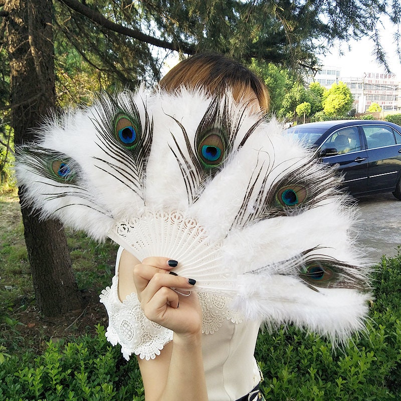 2012 White Peacock Feather Hand Fans Bride Holding - Etsy