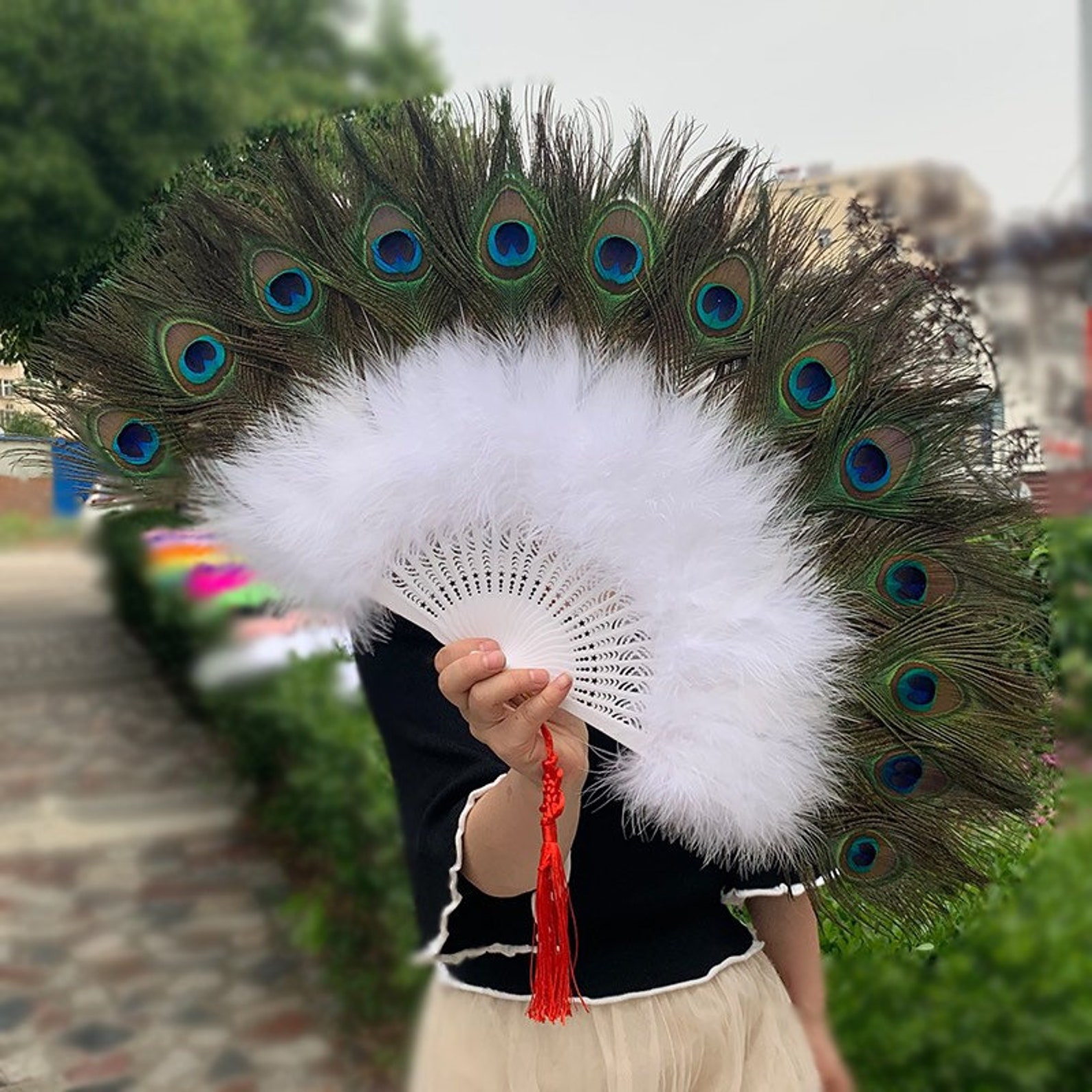 26*14 Inch Large Peacock Feather Hand Fans White Marabou Feather Fans ...