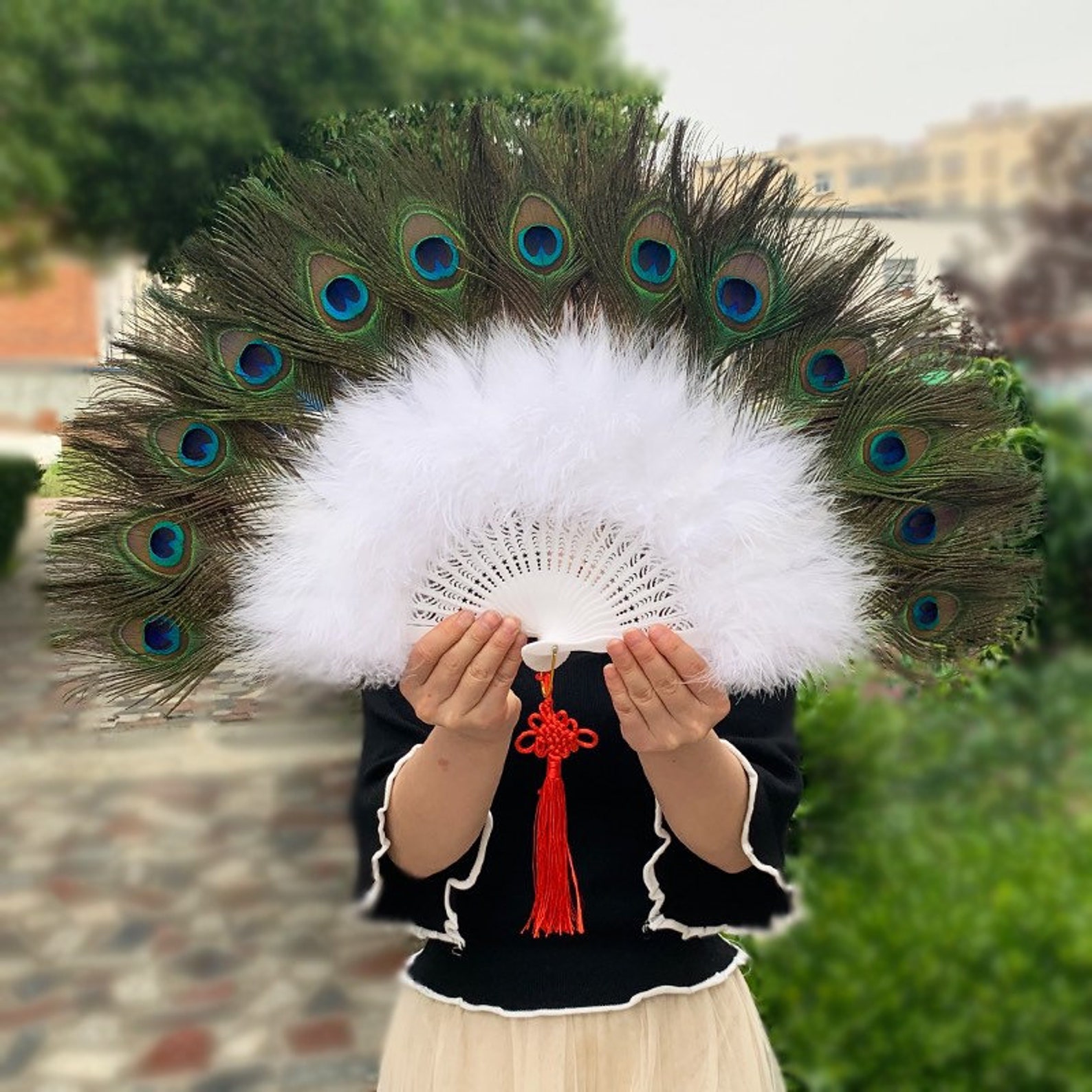 26*14 Inch Large Peacock Feather Hand Fans White Marabou Feather Fans ...