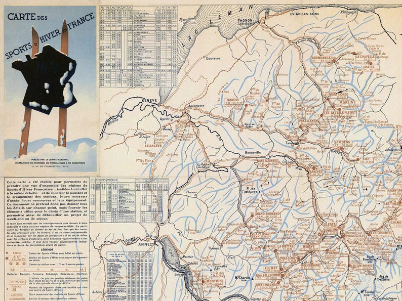 Winter Sports Map of France - Vintage French Alps Ski Resorts - Etsy UK