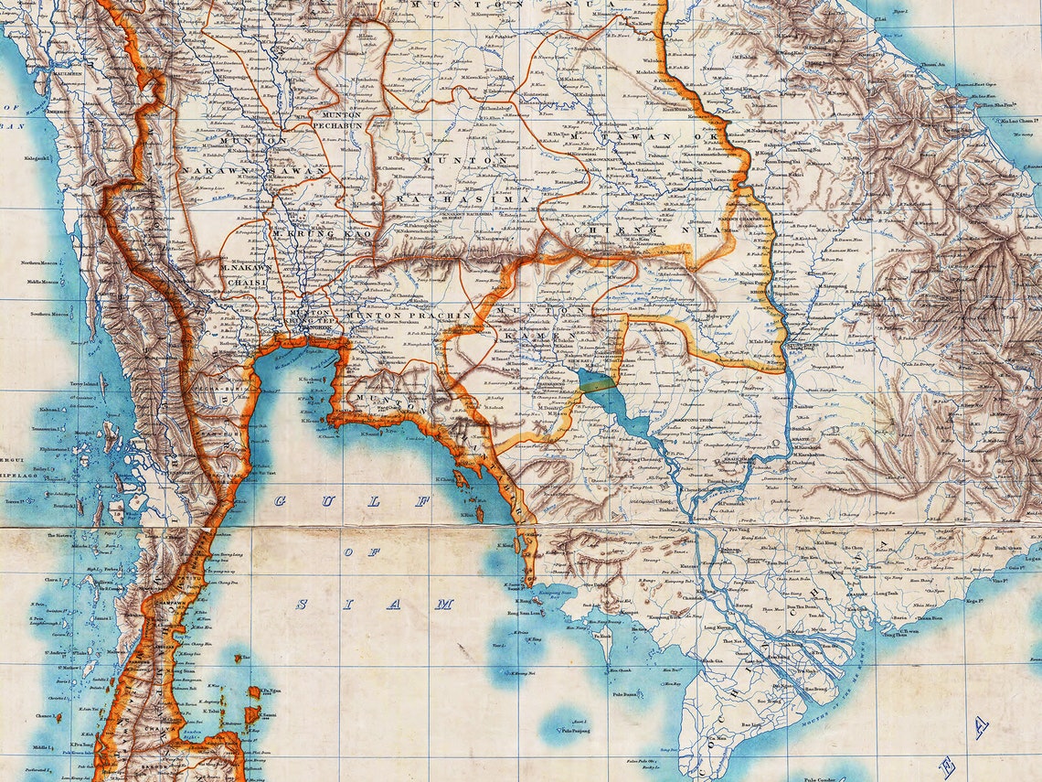 Vintage Thailand Map Historical Thailand Print Large - Etsy