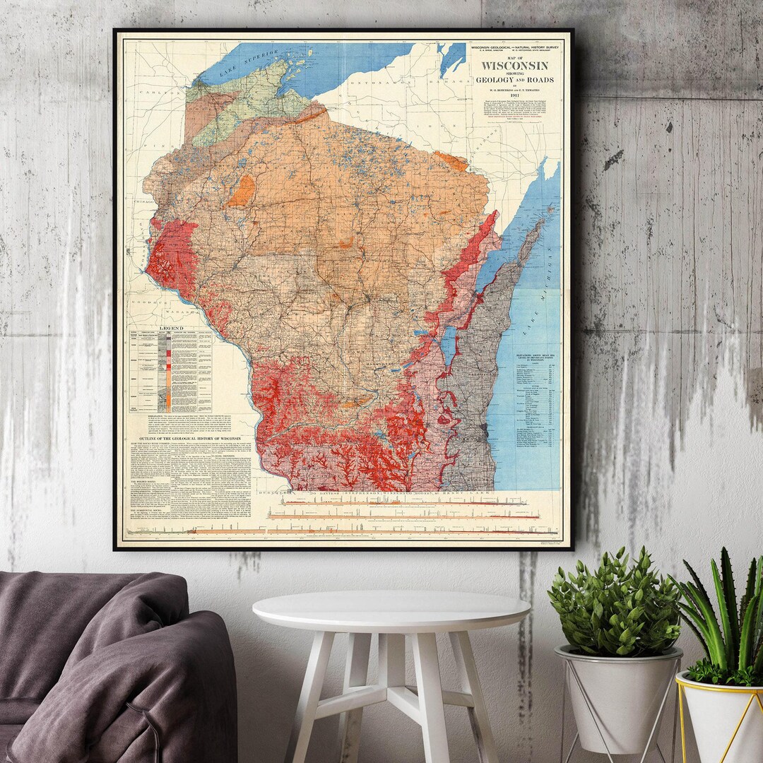 Antique Wisconsin Geological Map Art Print (1911) - Etsy