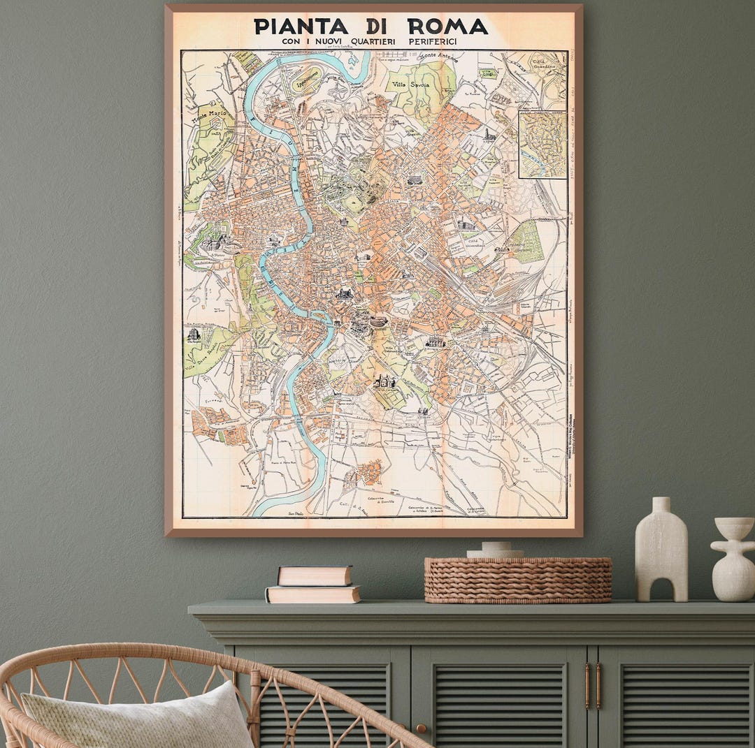 Vintage Rome Map, Old City of Rome Italy, Large Rome Wall Art, Mappe ...