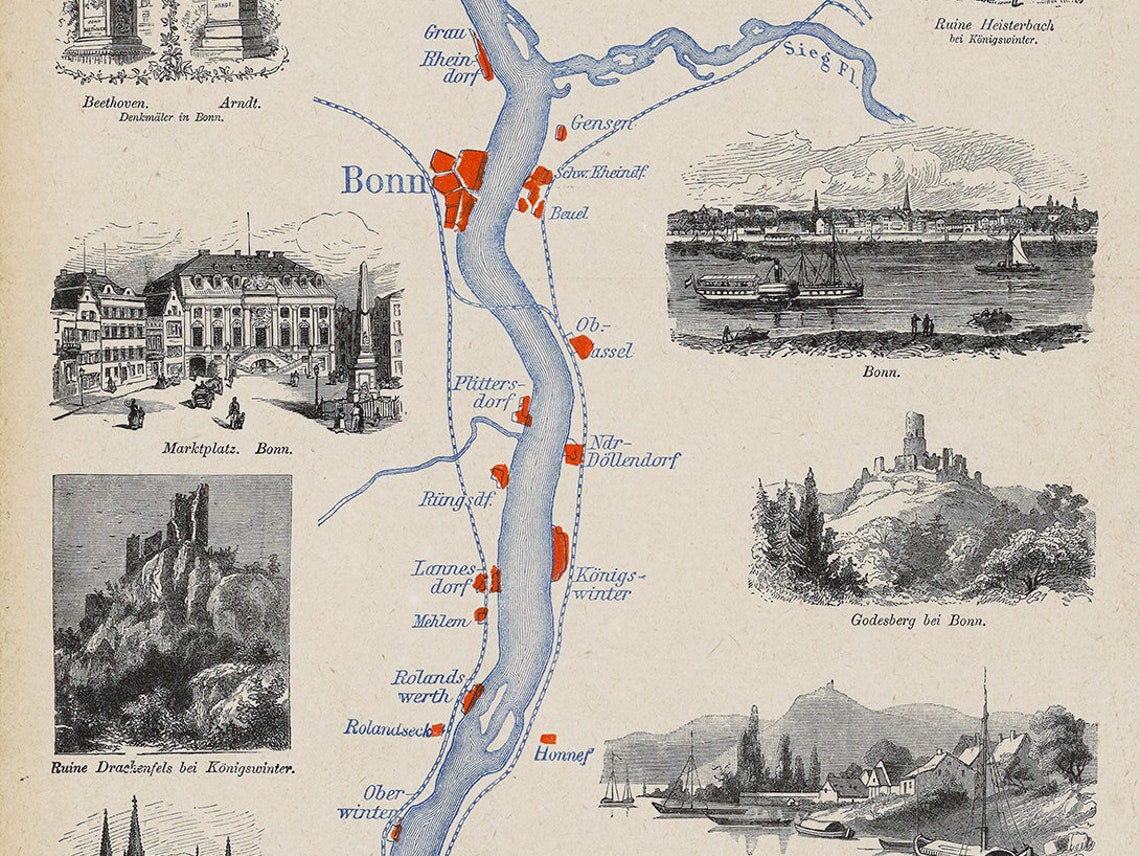 Rhine River Map Art Vintage Map of Rhine River Old Rhine | Etsy