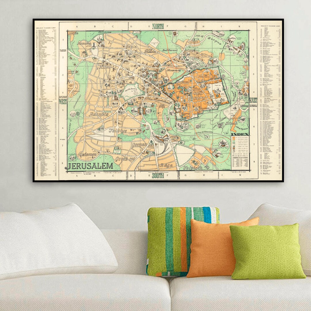 Vintage Pictorial Travel Map of Jerusalem, Shows Old City, New Quarter ...