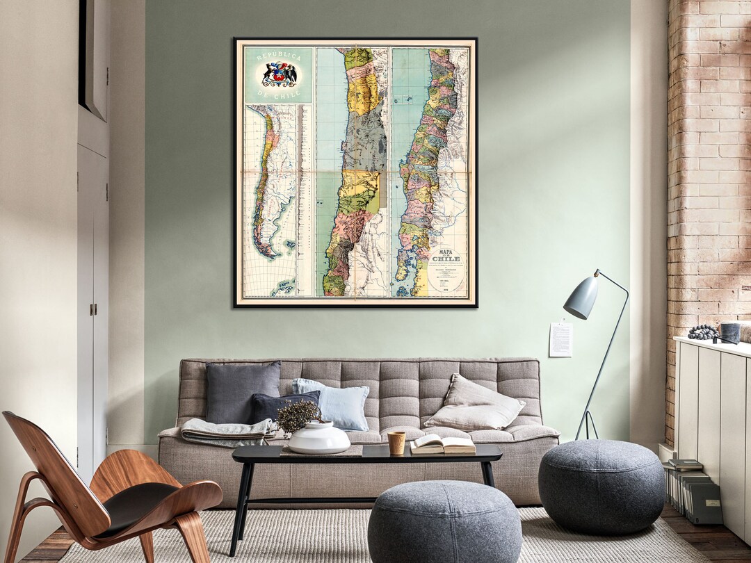 Vintage School Map of Chile, Old Chile Print, Large Chile Wall Map ...