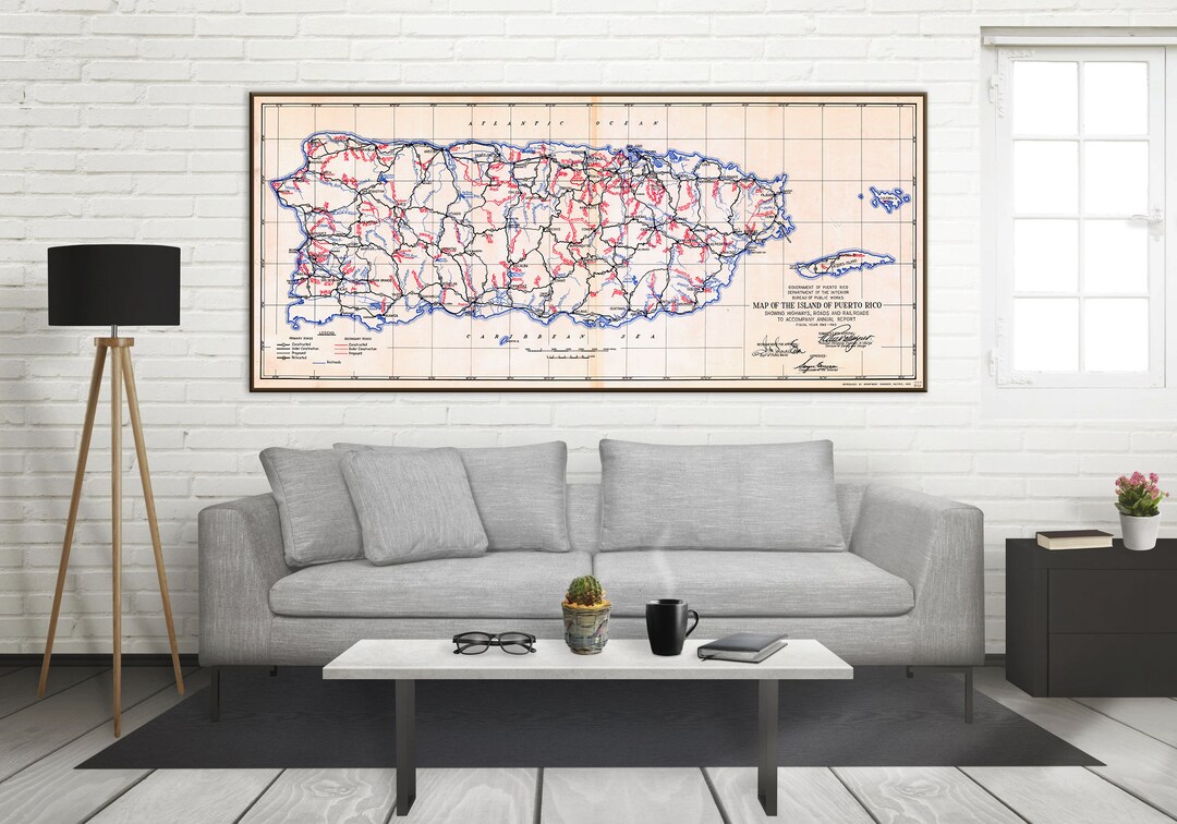 Map of the Island of Puerto Rico, Vintage Large Puerto Rico ...