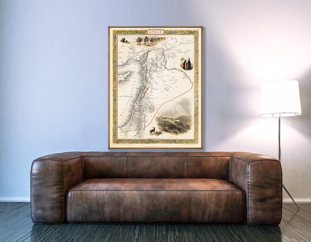 Antique Map of Syria, Old Syria Map With Drawings of Camels, Jerusalem ...