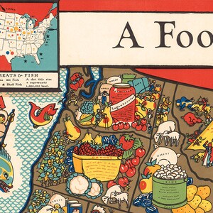 A Food Map of the United States, Vintage United States Gastronomy Map ...