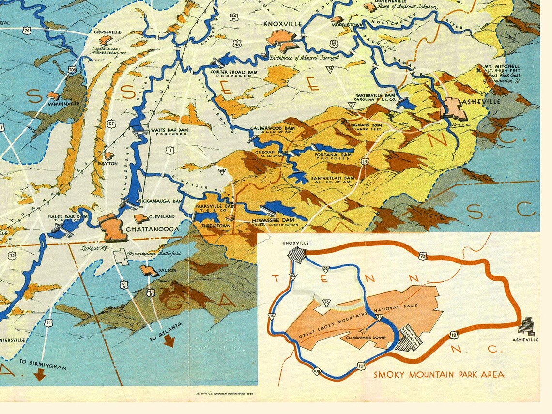 Vintage Tennessee River Valley Map Print: Smoky Mountain Decor - Etsy