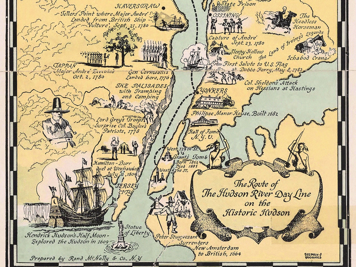 Hudson River Map Art Vintage Map Showing Hudson River Day - Etsy