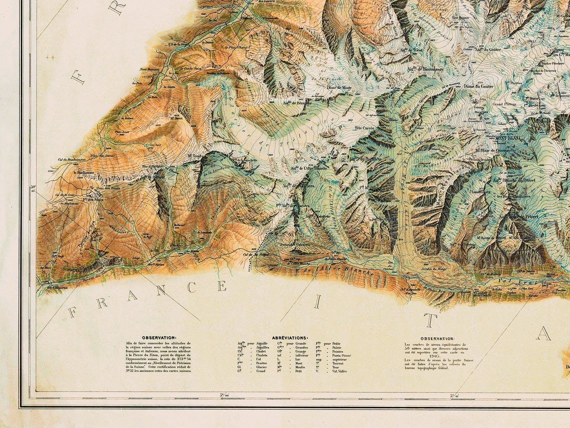 Old Map of the Mont Blanc Massif Mont Blanc Range in the | Etsy