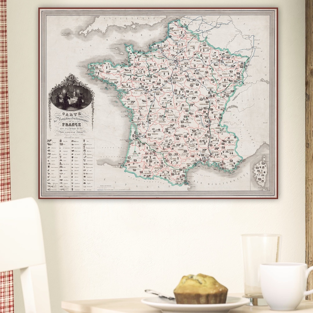 Antique Gourmet Food Map of France, Favourite French Food Products From ...