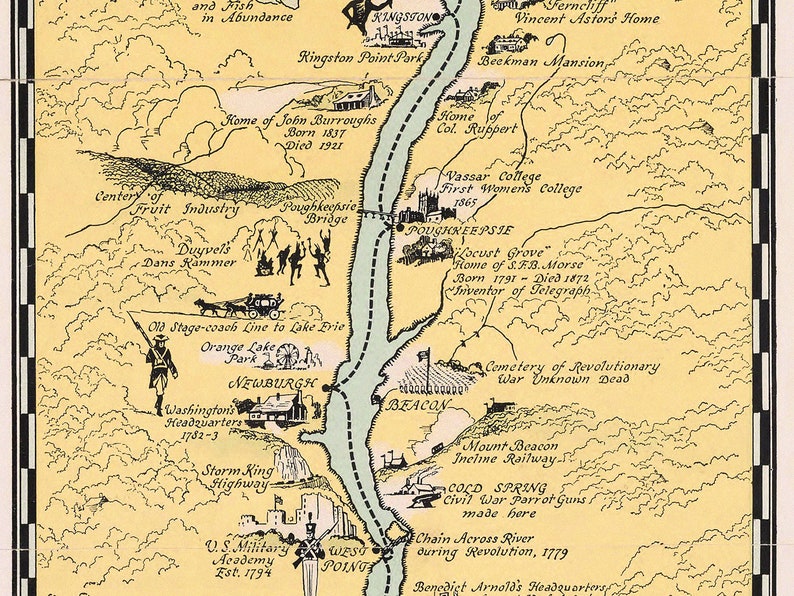 Hudson River Map Art Vintage Map Showing Hudson River Day - Etsy