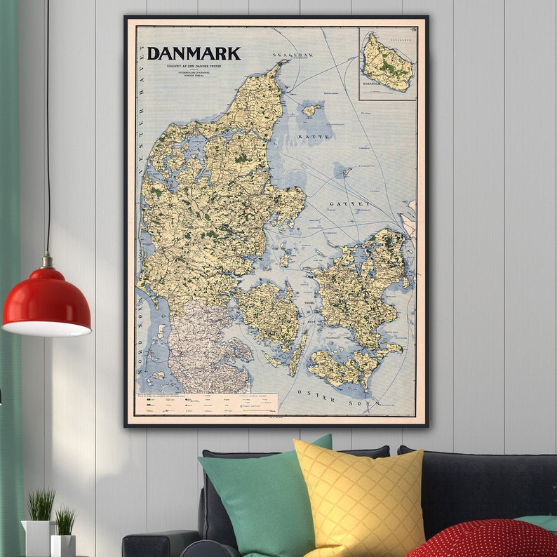 Vintage map of Denmark old Denmark map Denmark print | Etsy