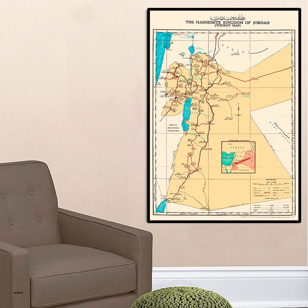 Vintage Map of Jordan, Kingdom of Jordan Map, Roads With Distances ...