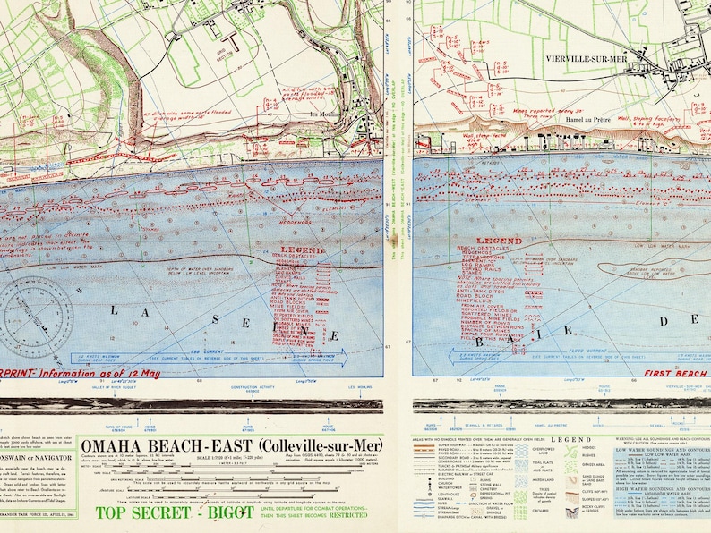 Omaha Beach WWII Map: D-day Normandy Landing - BIGOT Classified Print ...