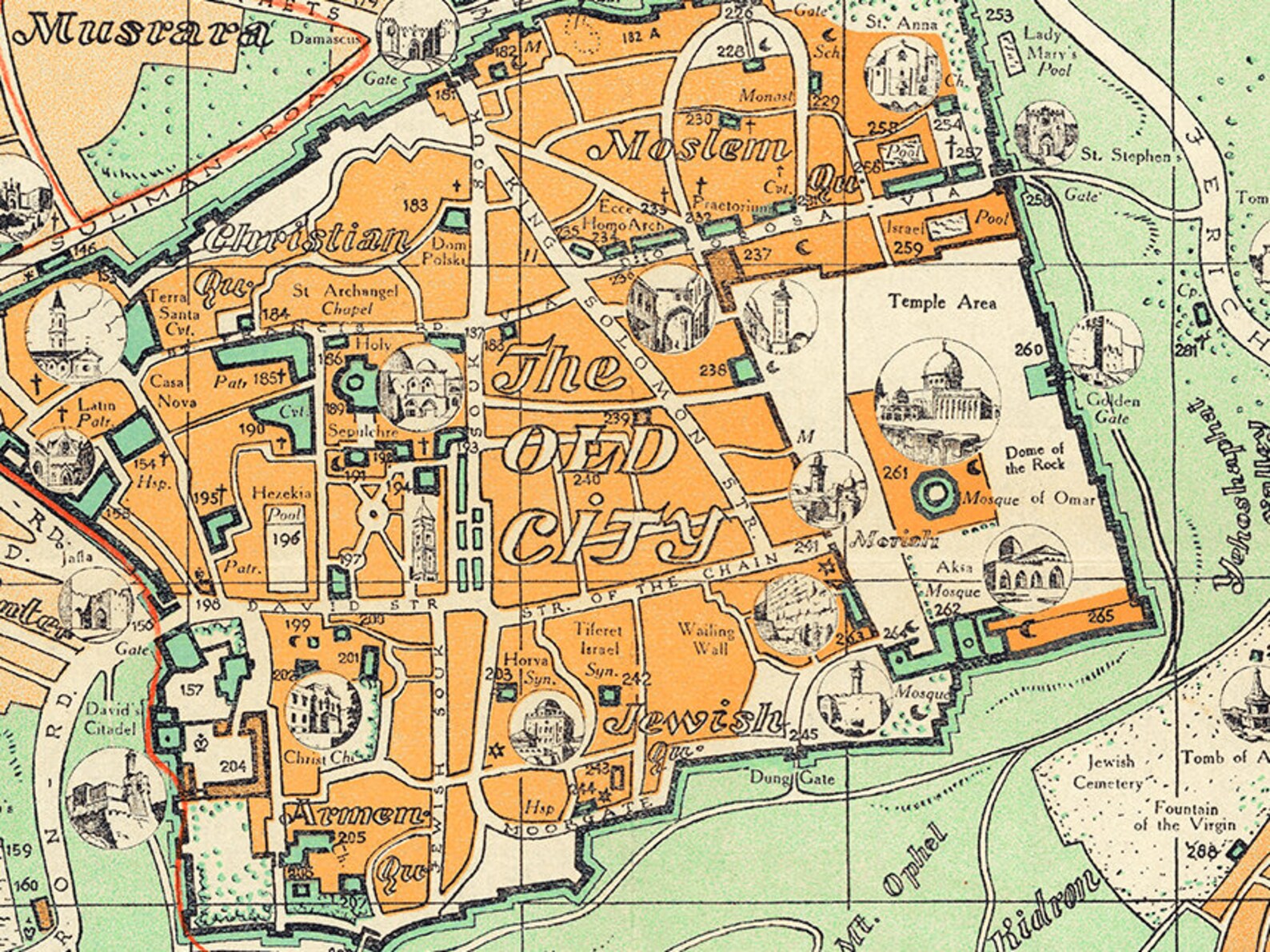 Vintage map of Jerusalem old Jerusalem historic sites travel - Etsy France