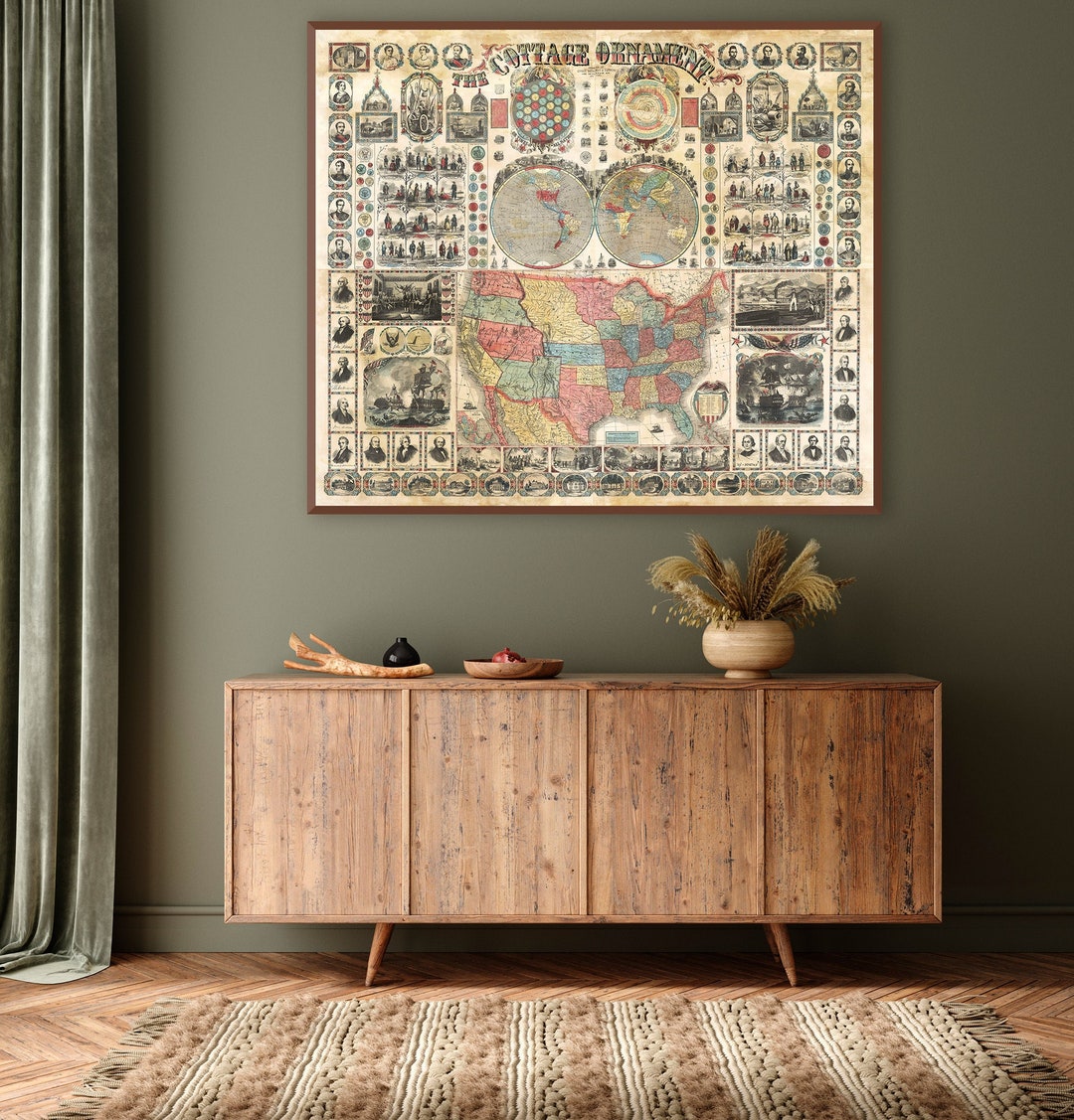 Vintage Cottage Ornament Wall Map of the United States, Rustic ...