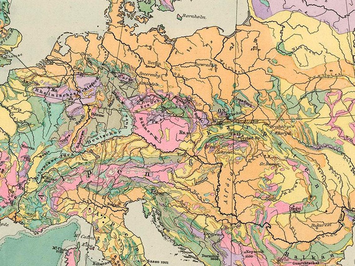 Vintage Europe Geological Map: 1882 Lithograph Art Print - Etsy
