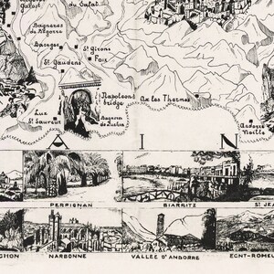 Map of the Pyrenees, Pictorial Pyrenees Map, Vintage Pyrenees Mountains ...