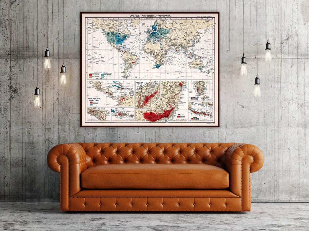 Vintage Coffee Map of the World: 1907 Production & Consumption Art ...
