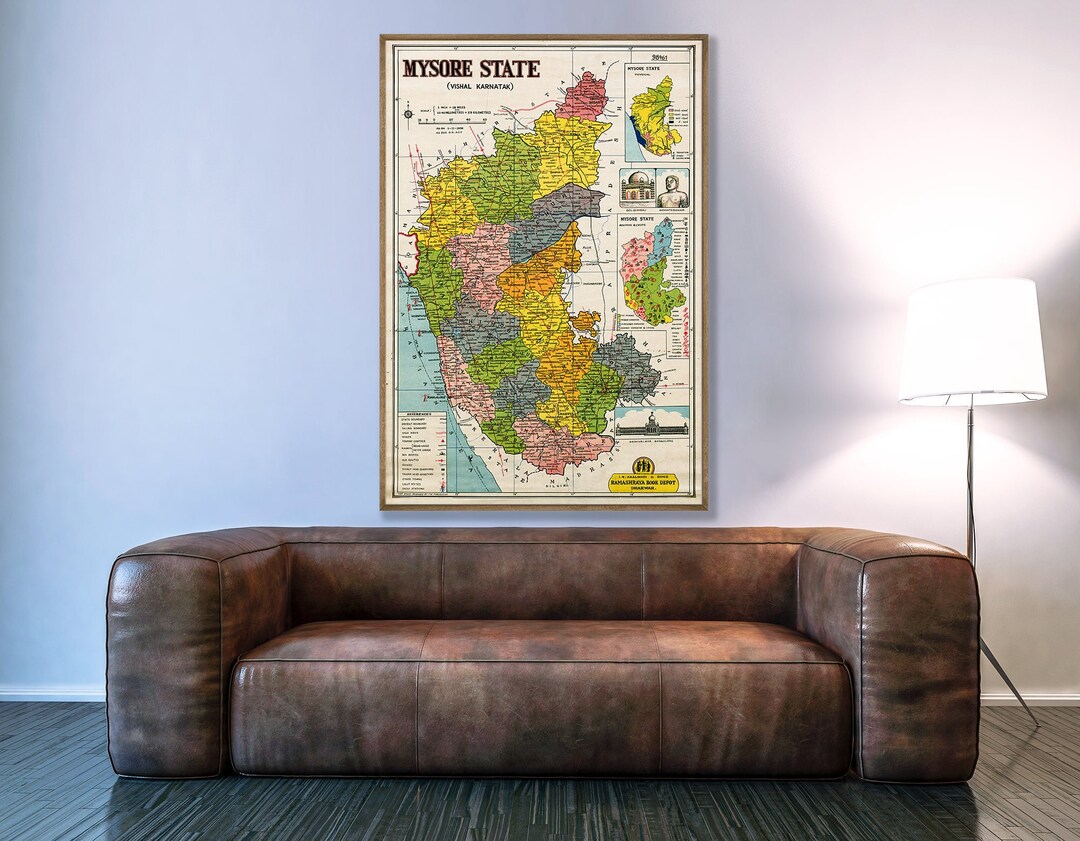 Vintage Map of the Mysore State, Kingdom of Mysore, Mysore Map, Indian ...