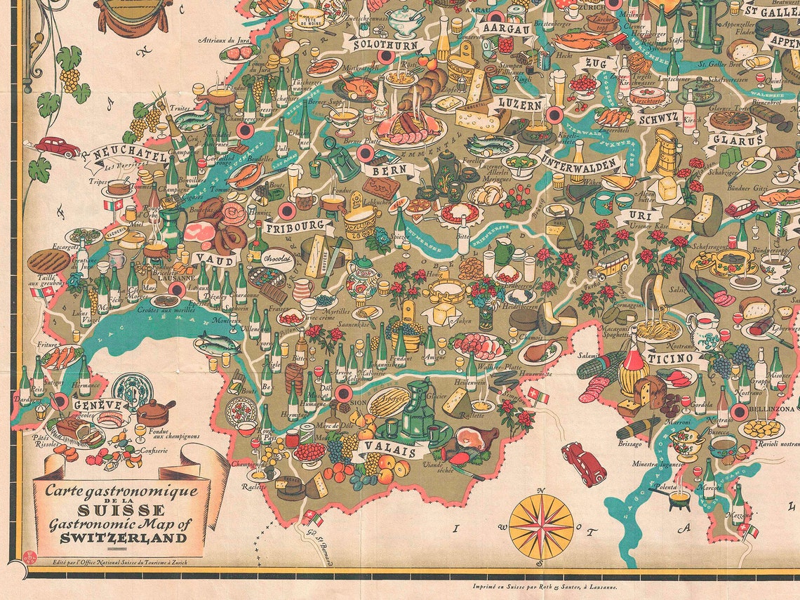 Vintage Gastronomic Map of Switzerland Swiss Gastronomy Map - Etsy