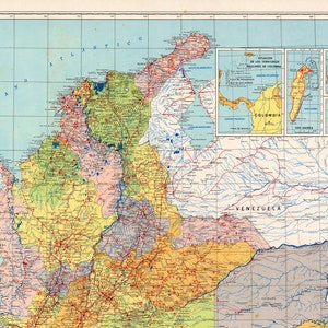 Colombia Wall Map, Vintage Map of Colombia, Old Colombia Map, Colombia ...