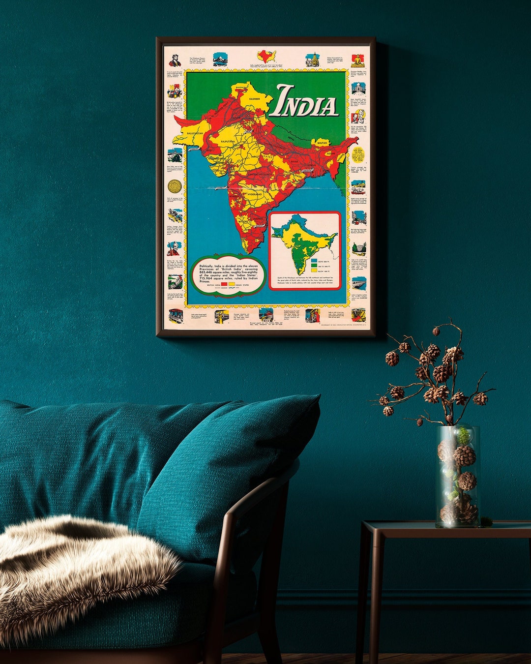 Vintage India Map the Country and Its People, Pictorial Map of India ...