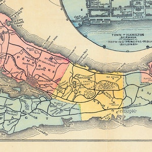 Antique Tourist Map of Bermuda, Inset Map of Hamilton, Identifies Roads ...