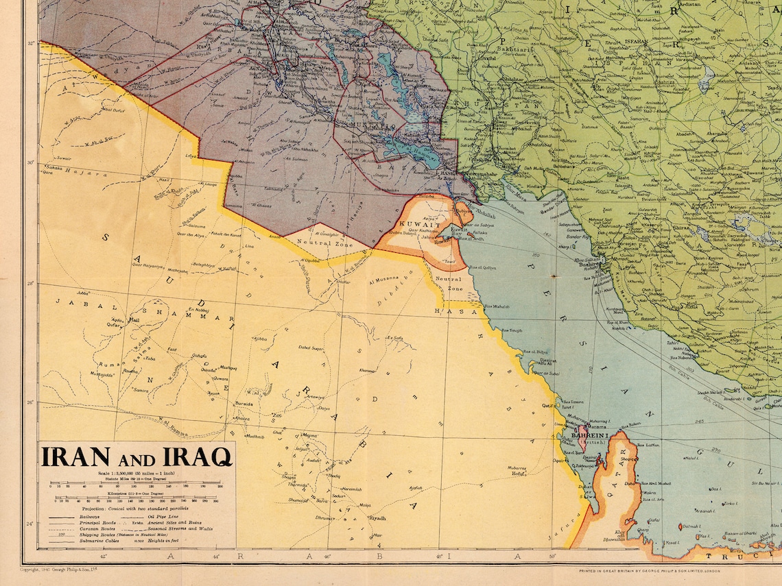 Iran and Iraq old map of Iran and Iraq old wall map vintage | Etsy