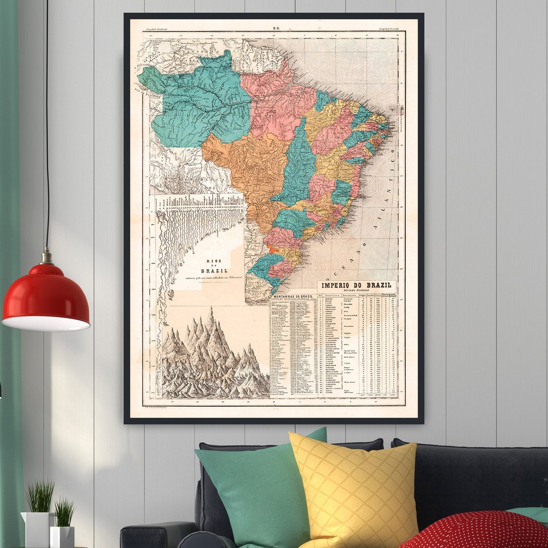 Antique Brazil Map, Rivers and Comparative Heights of the Mountains of ...
