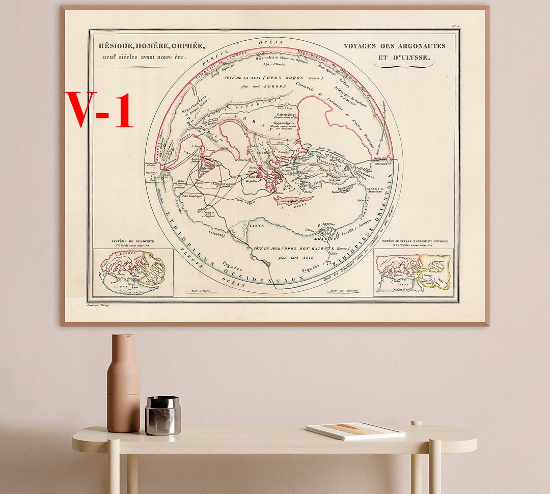 Gregos antigos Hesíodo, Homero, mapa mundial de Orfeu, viagens de ...