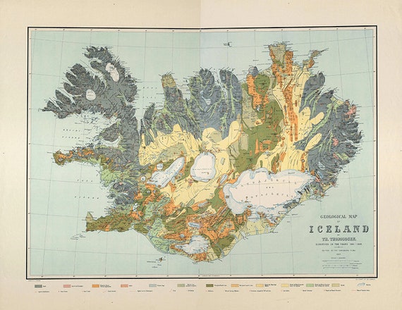 Art & Collectibles Giclée vintage map of Iceland Geological map of ...