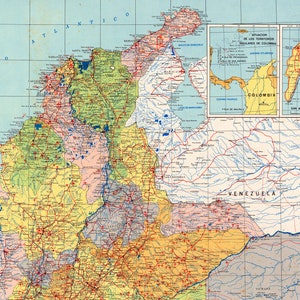 Colombia Wall Map, Vintage Map of Colombia, Old Colombia Map, Colombia ...