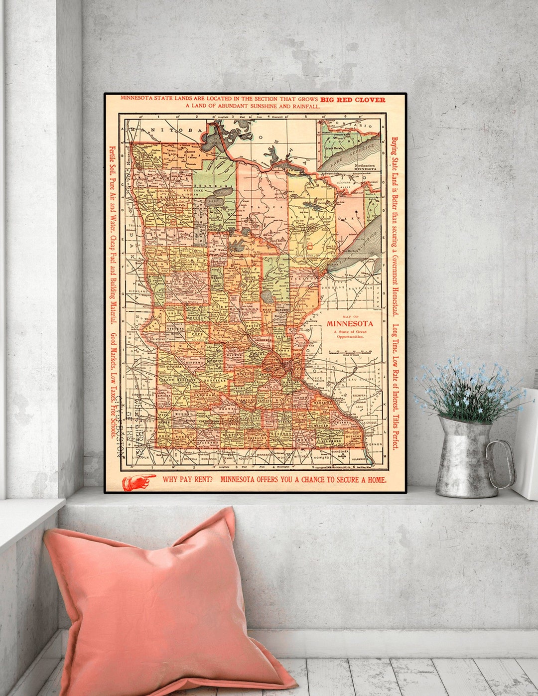 Vintage Map of Minnesota, Old Minnesota Print, Large Minnesota Wall Art ...