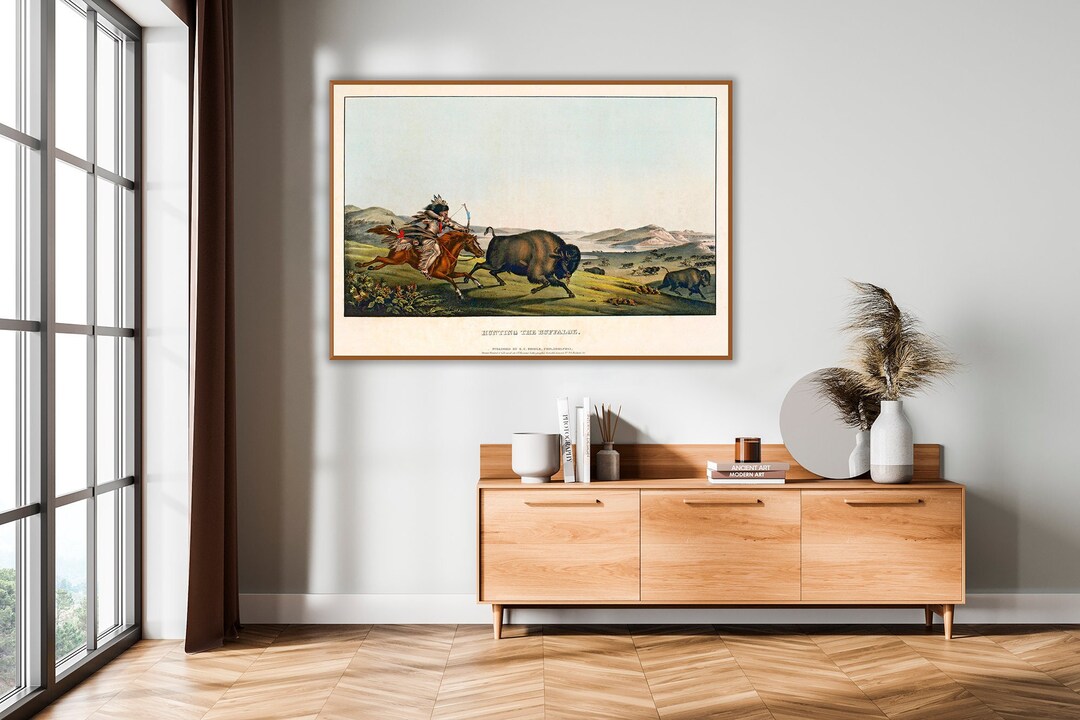 Hunting the Buffalo, Indian in Buckskin and Feather Headdress Aims Bow ...