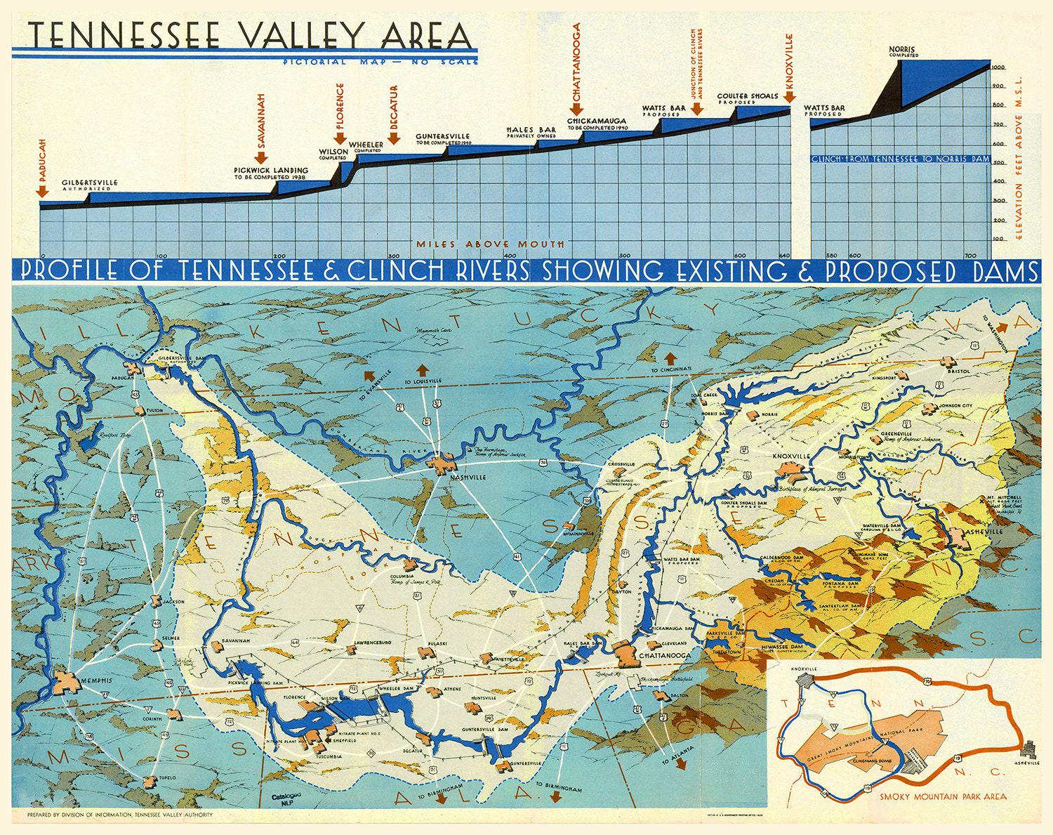 Vintage Tennessee River Valley Map Print: Smoky Mountain Decor - Etsy