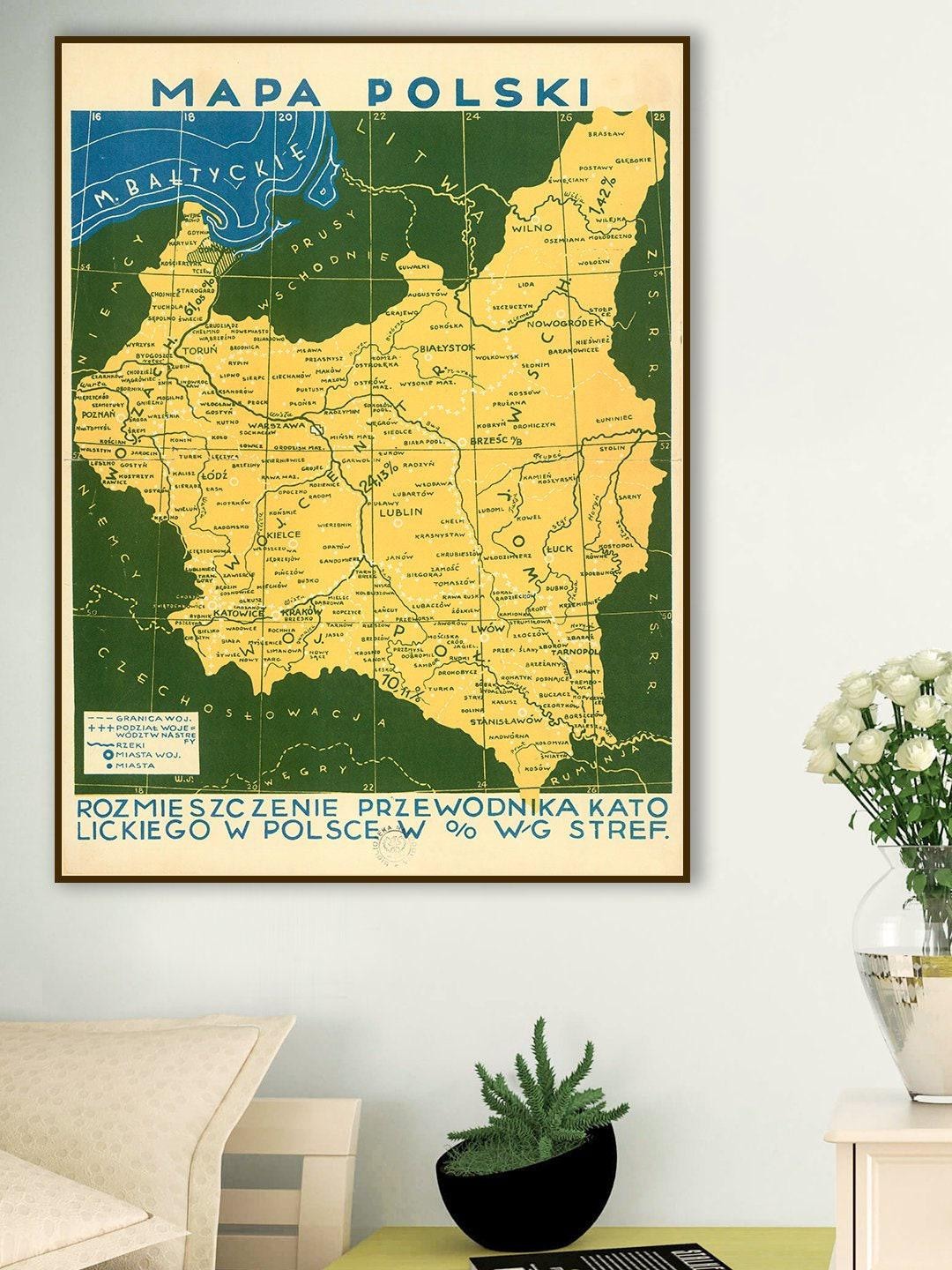 Vintage Poland Map Poster: 1936 Polish Wall Art Print - Etsy