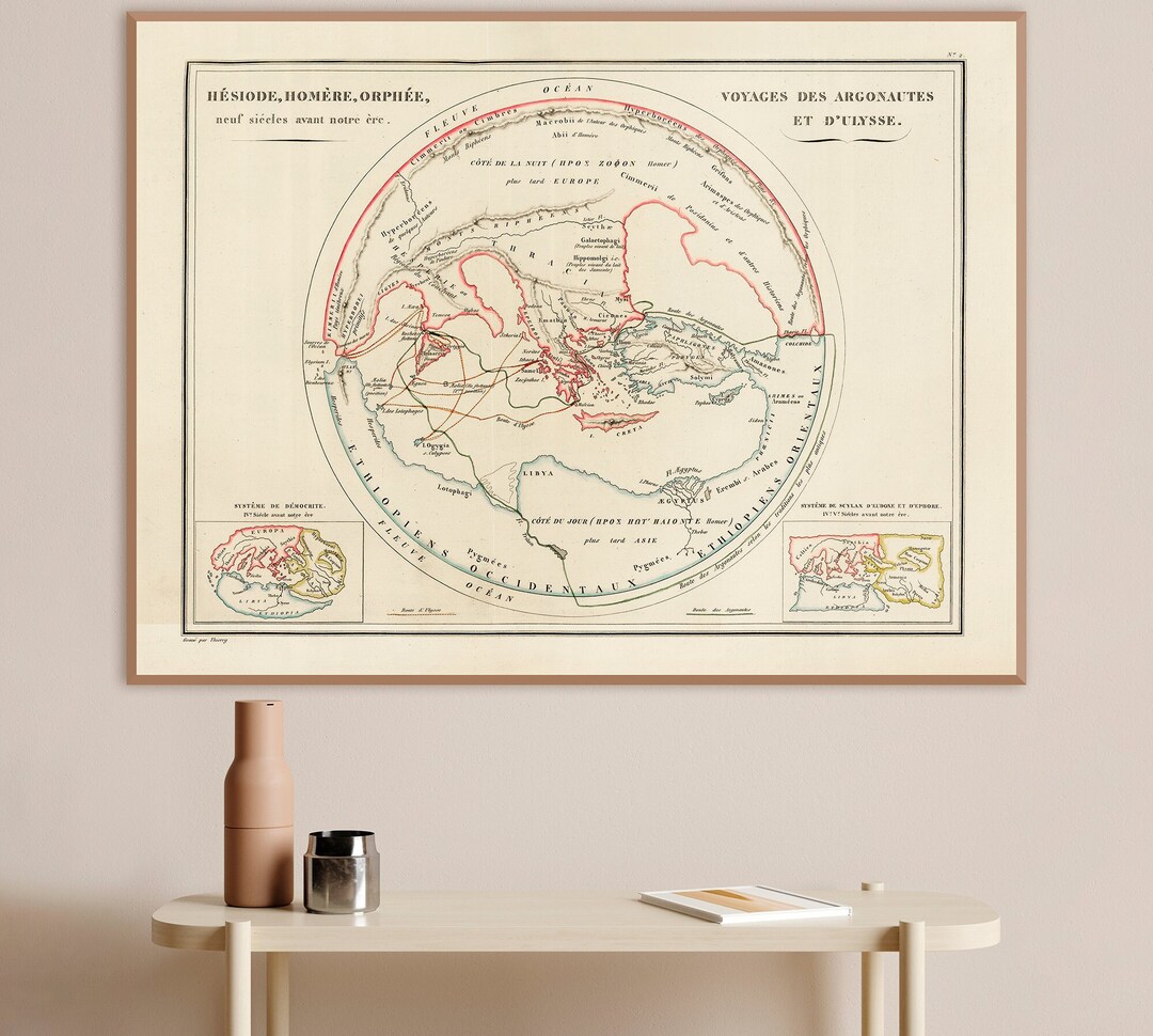 Antiguos griegos Hesíodo, Homero, mapa mundial de Orfeo, viajes de ...