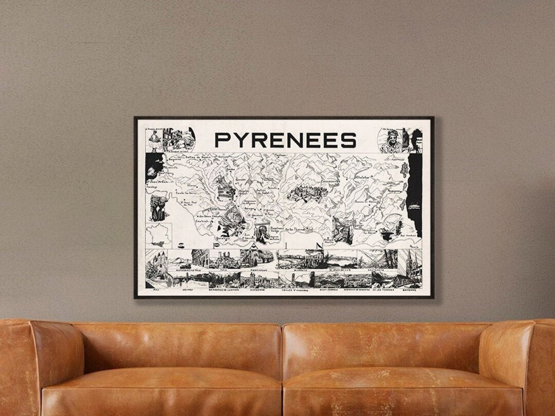 Map of the Pyrenees, Pictorial Pyrenees Map, Vintage Pyrenees Mountains ...