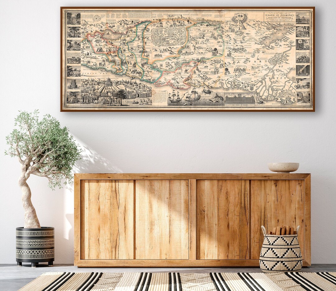 American Wall Map of the Holy Land, Antique Jerusalem Map, Scenes From ...